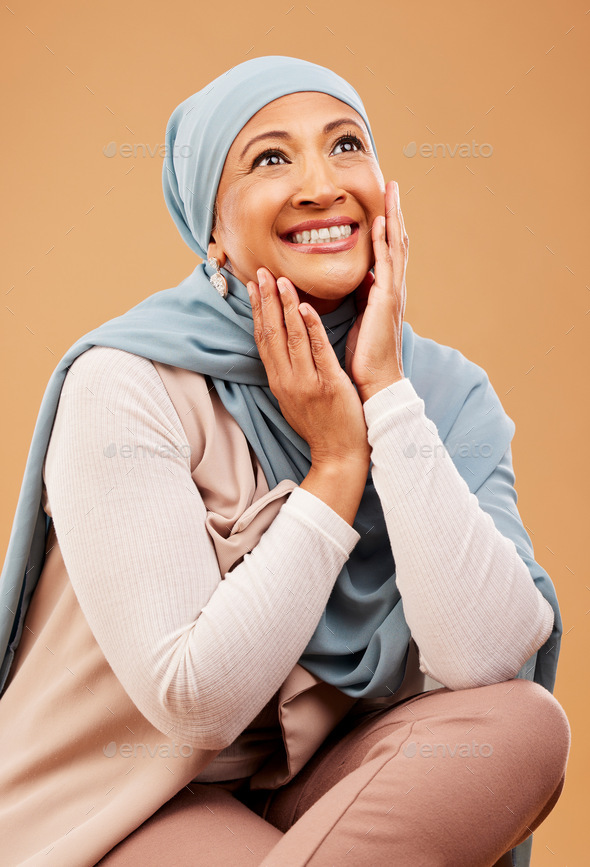 Hijab, muslim and smile of islamic model holding face with hands happy ...