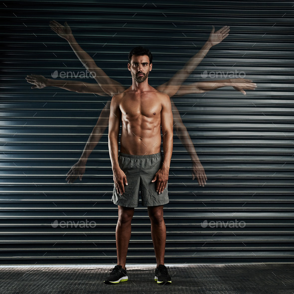 Multiple exposure portrait of a muscular young man with mulitple arms ...