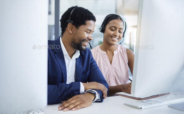 Teamwork, call center and customer service with a business team working ...