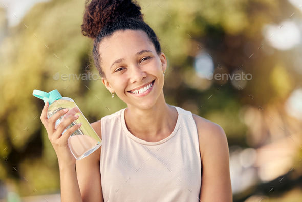 Water bottle, fitness and nature of black woman in portrait for outdoor ...