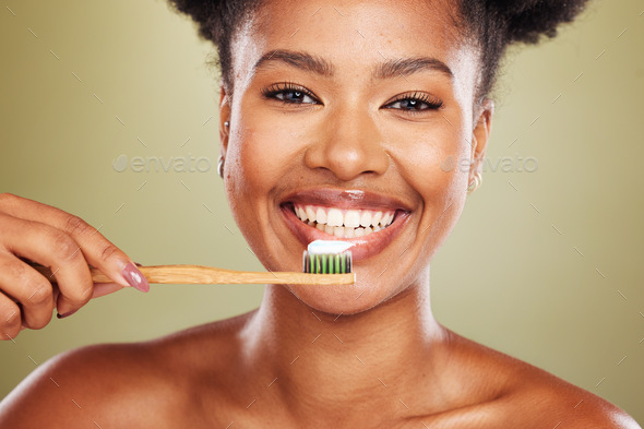 Brushing teeth, black woman beauty and dental wellness, healthy ...