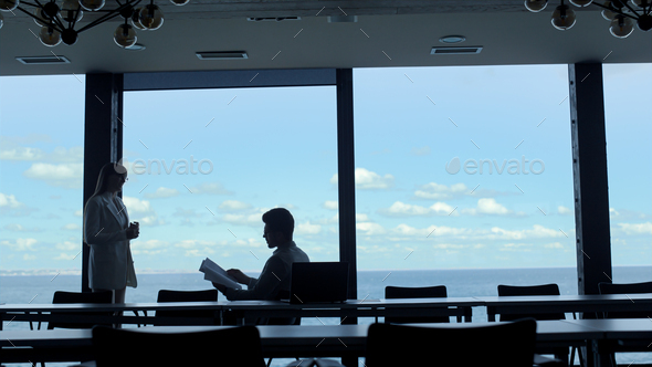 Ceo silhouette checking report at panorama window. Man analyzing ...