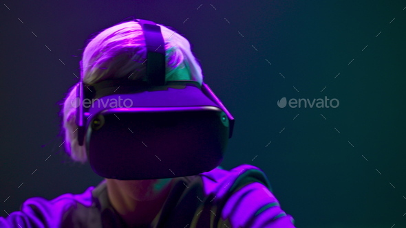 VR glasses person dancing metaverse closeup. Millennial man relaxing 3d ...