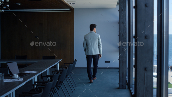 Executive man walking alone in modern company office. Ceo thinking or ...
