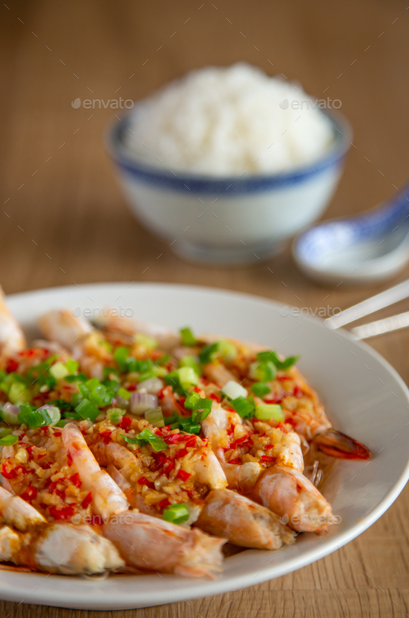 steam prawn with garlic and chilli Stock Photo by tehcheesiong | PhotoDune