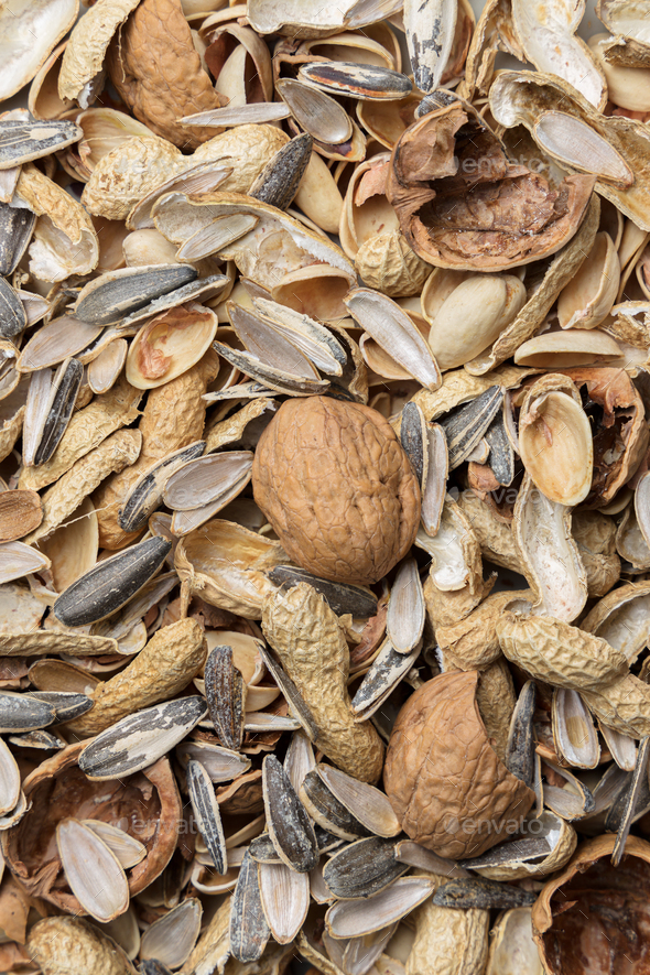 Pile of mixed nuts shells as background. Texture Stock Photo by lma_stock