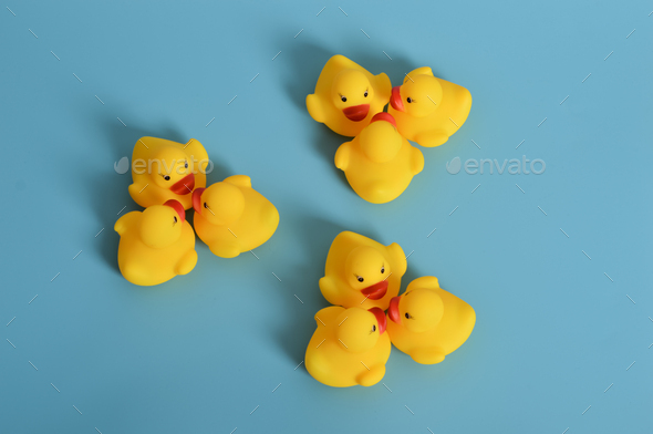 Toy ducks with the different of small groups. Friendly friends, meeting ...
