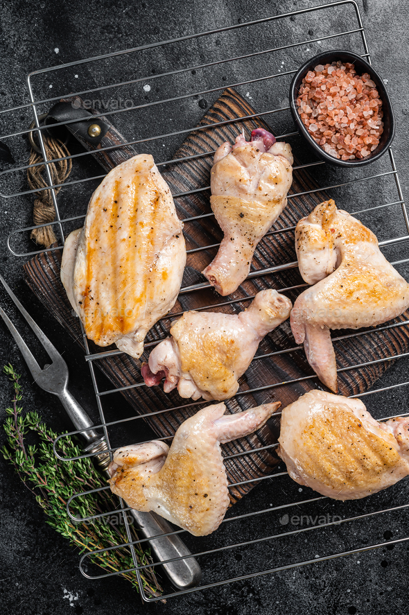 BBQ grilled chicken meat parts - drumstick, breast fillet, wing, thigh ...