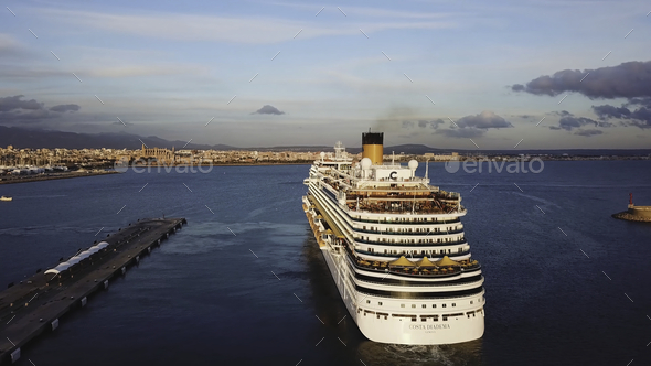 Cruise ship at harbor. Stock. Aerial view of beautiful large white ship ...