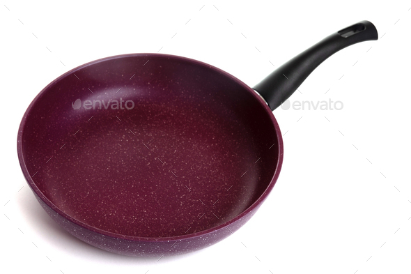 dark red frying pan with black handle and non-stick coating on a white ...