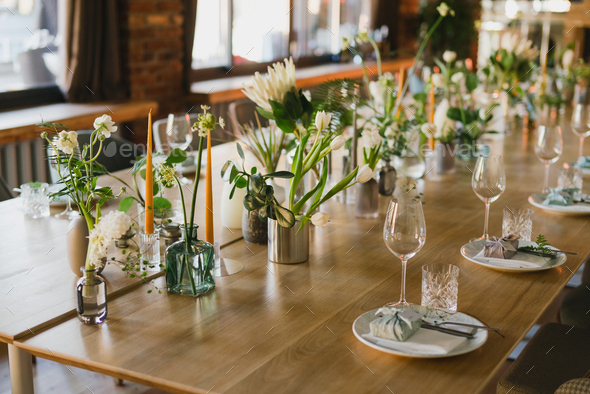 Coziness and style. Modern event design. Table setting at the wedding ...