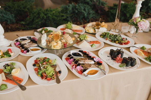 Catering banquet table at the wedding reception. Stock Photo by ...