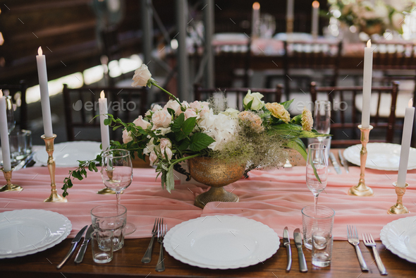 Coziness and style. Modern event design. Table setting at the wedding ...