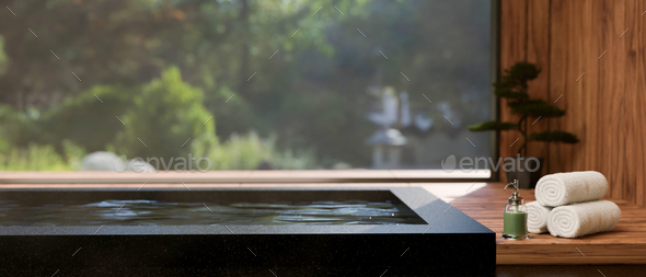 close-up image, Luxury jacuzzi tub or Japanese Onsen bath against the ...