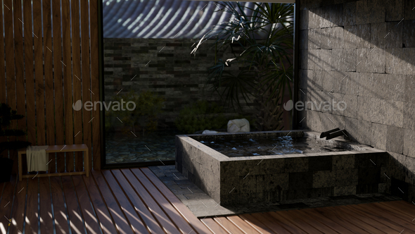 Japanese outdoor Onsen space exterior design with stone bath against ...