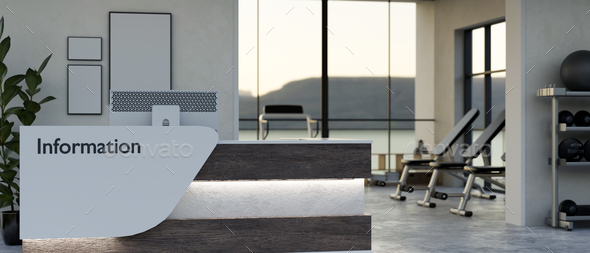 Modern fitness gym center information lobby interior design with lobby ...