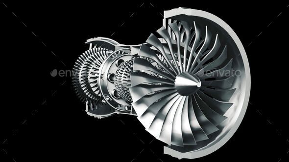 3D visualization of a jet engine isolated on a black background Stock ...