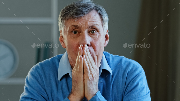 Depressed frustrated old senior Caucasian man shocked sad elderly ...