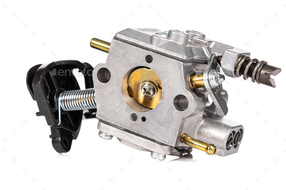new aluminum carburetor close-up on a white isolated background Stock ...