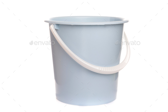 light blue plastic bucket with a white handle on a white background ...