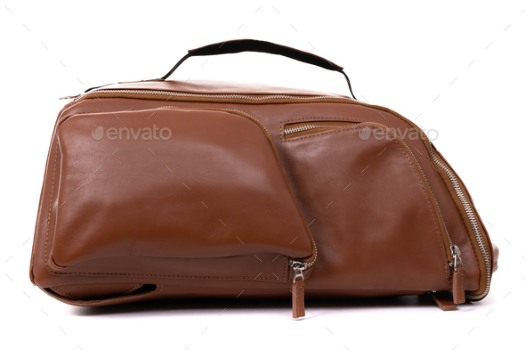 light brown backpack made of genuine leather on a white background ...