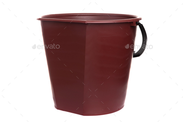 empty brown plastic bucket with black handle on white isolated ...