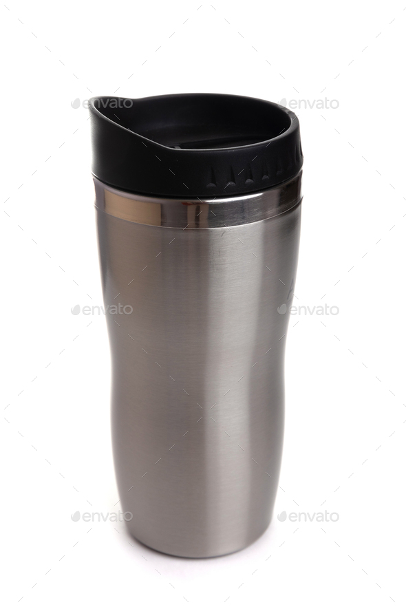 metal glass for coffee made of brushed steel with a plastic black lid ...