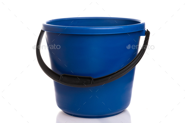 empty blue bucket with black handle on white isolated background Stock ...