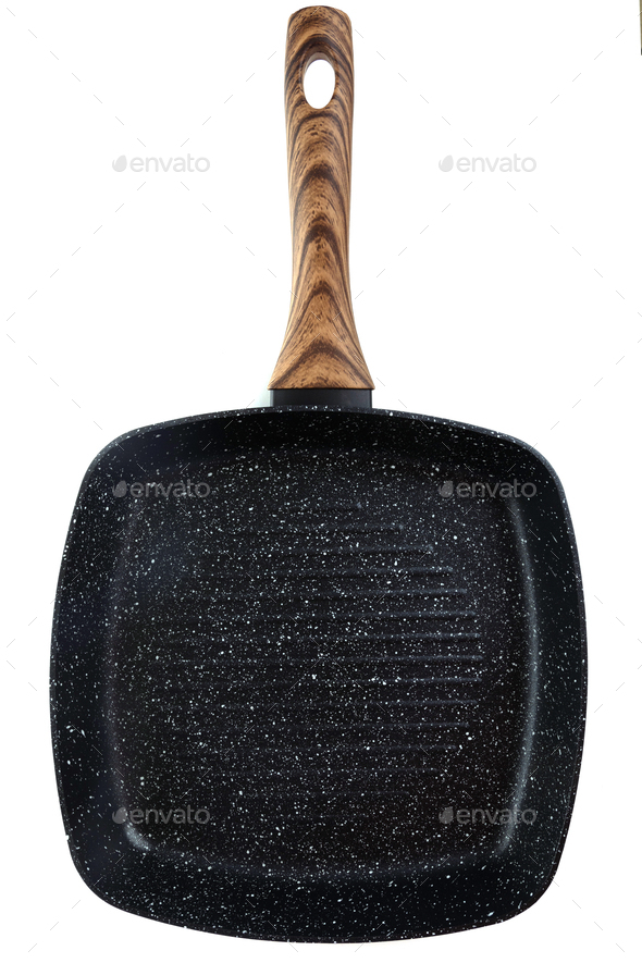 black frying pan Yes with a grill effect and a ribbed surface with a ...