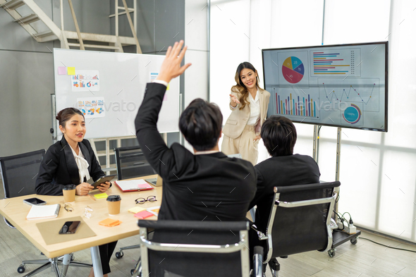 Employee meeting big screen tv presentation conference discussion ...