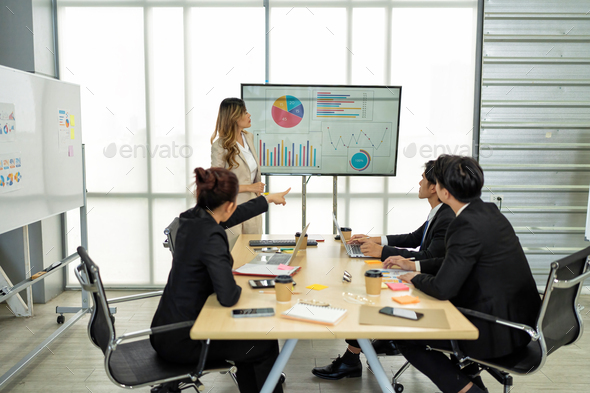 Employee meeting big screen tv presentation conference discussion ...