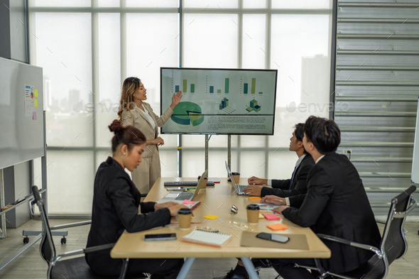 Employee meeting big screen tv presentation conference discussion ...