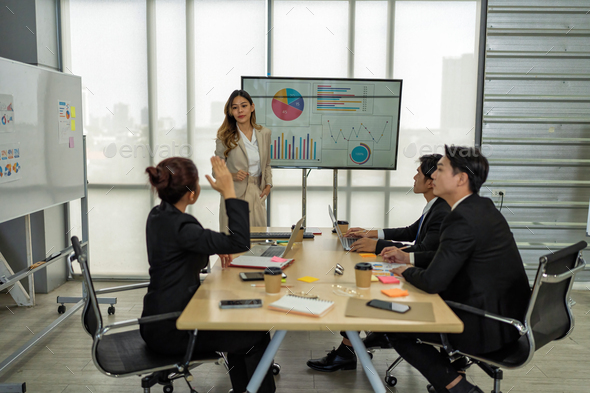 Employee meeting big screen tv presentation conference discussion ...