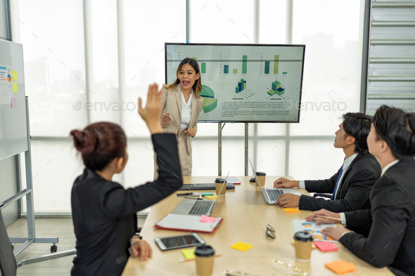 Employee meeting big screen tv presentation conference discussion ...