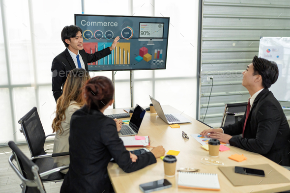 Employee meeting big screen tv presentation conference discussion ...