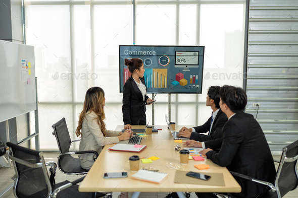 Employee meeting big screen tv presentation conference discussion ...