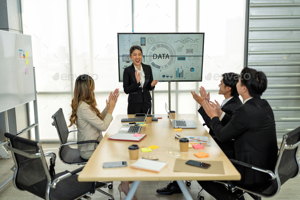 Employee meeting big screen tv presentation conference discussion ...