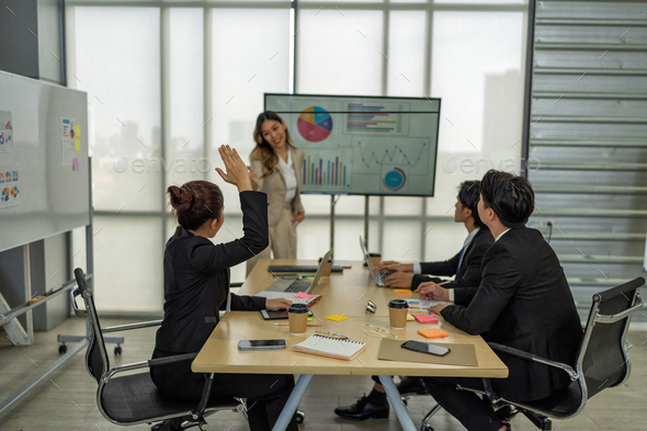 Employee meeting big screen tv presentation conference discussion ...