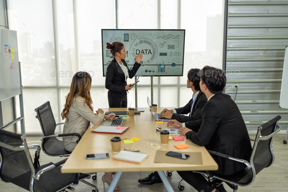 Employee meeting big screen tv presentation conference discussion ...