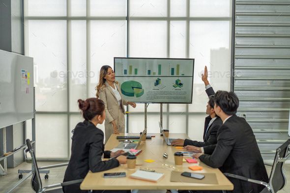 Employee meeting big screen tv presentation conference discussion ...