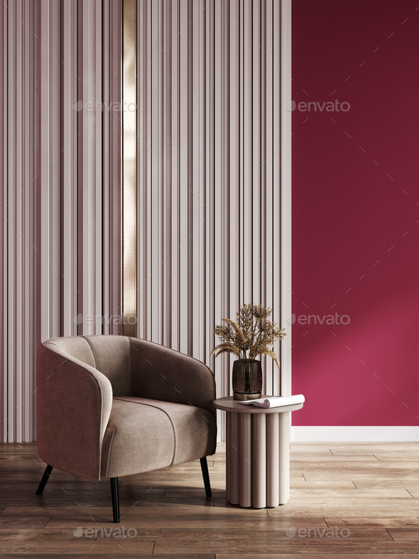 Viva Magenta contemporary minimalist interior with armchair, blank wall ...