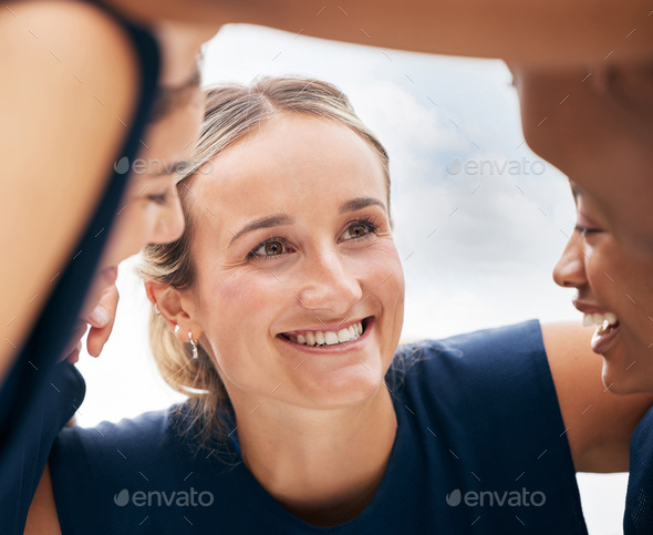 Happy, smile and sports women in huddle for motivation, team building ...