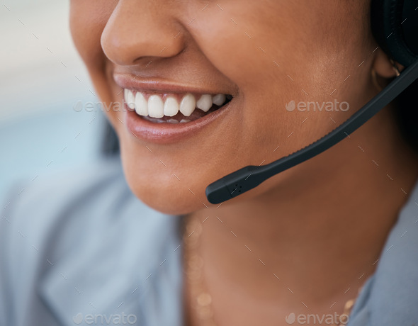 Mouth, smile and headset of customer service, telemarketing and call ...