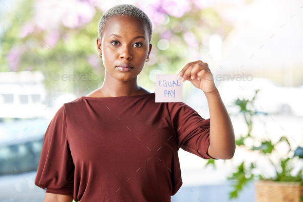 Black woman, equal pay and paper sign for financial equality ...