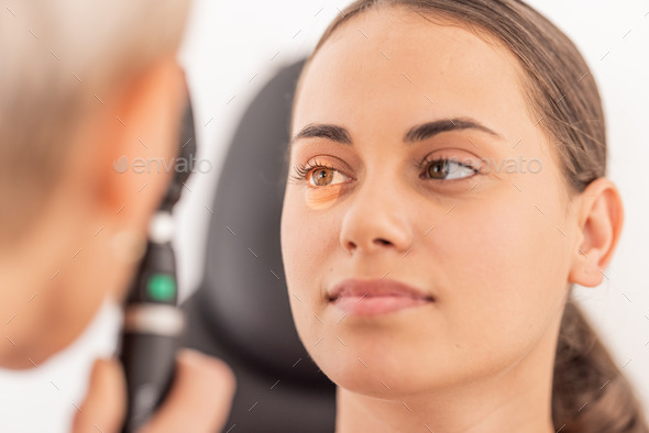 Test, eyes and woman in vision medical consultation with optometrist ...