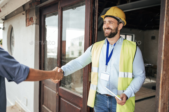 Construction, architect and handshake deal at building for professional ...
