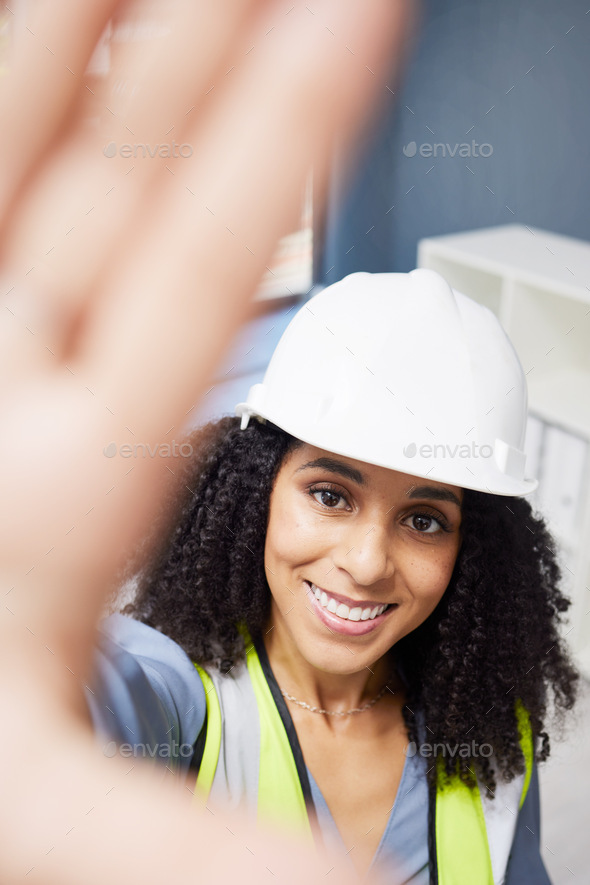 Black woman, construction and architecture with selfie portrait, happy ...
