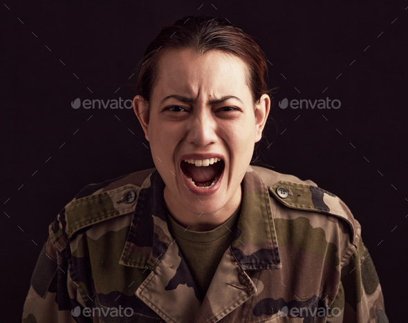 Trauma, scream and woman soldier with ptsd, military depression and ...