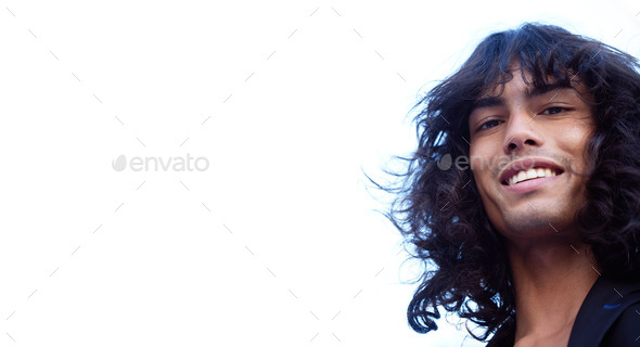 Man, fashion and free space with a smile, happiness and face of gen z ...