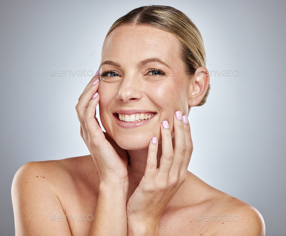 Woman, hands and face portrait for happy skincare beauty, wellness or ...